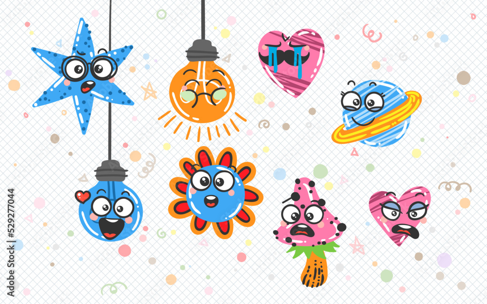 Set of Various Cartoon Elements with Emoticons. Doodle faces, eyes and ...
