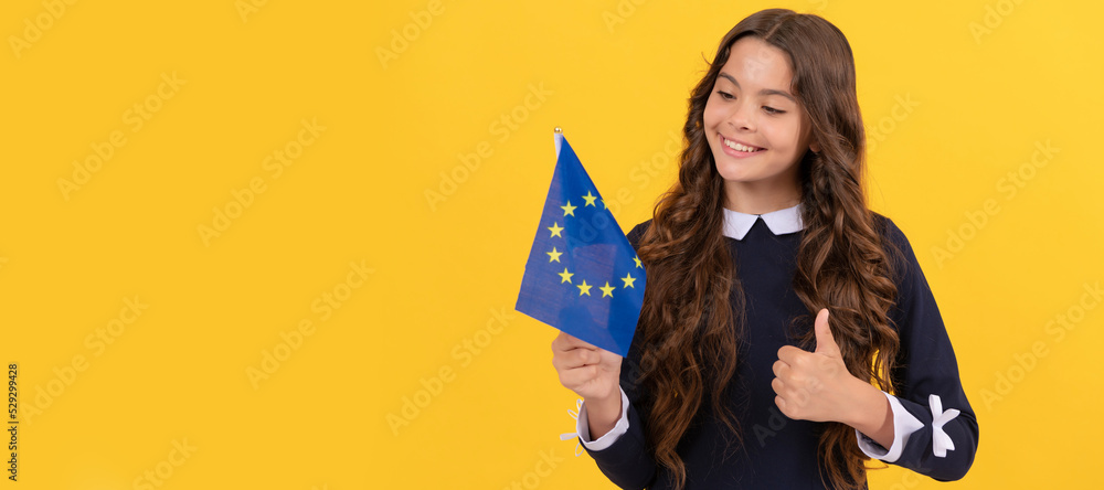 happy teen girl hold european union flag yellow background show thumb ...