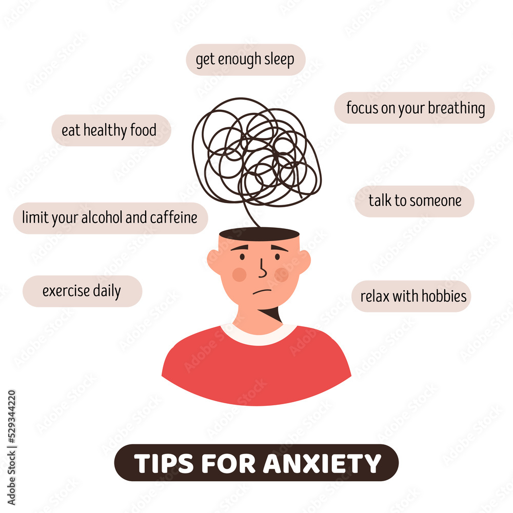 Tips for anxiety. Human head character with nervous problem and ...