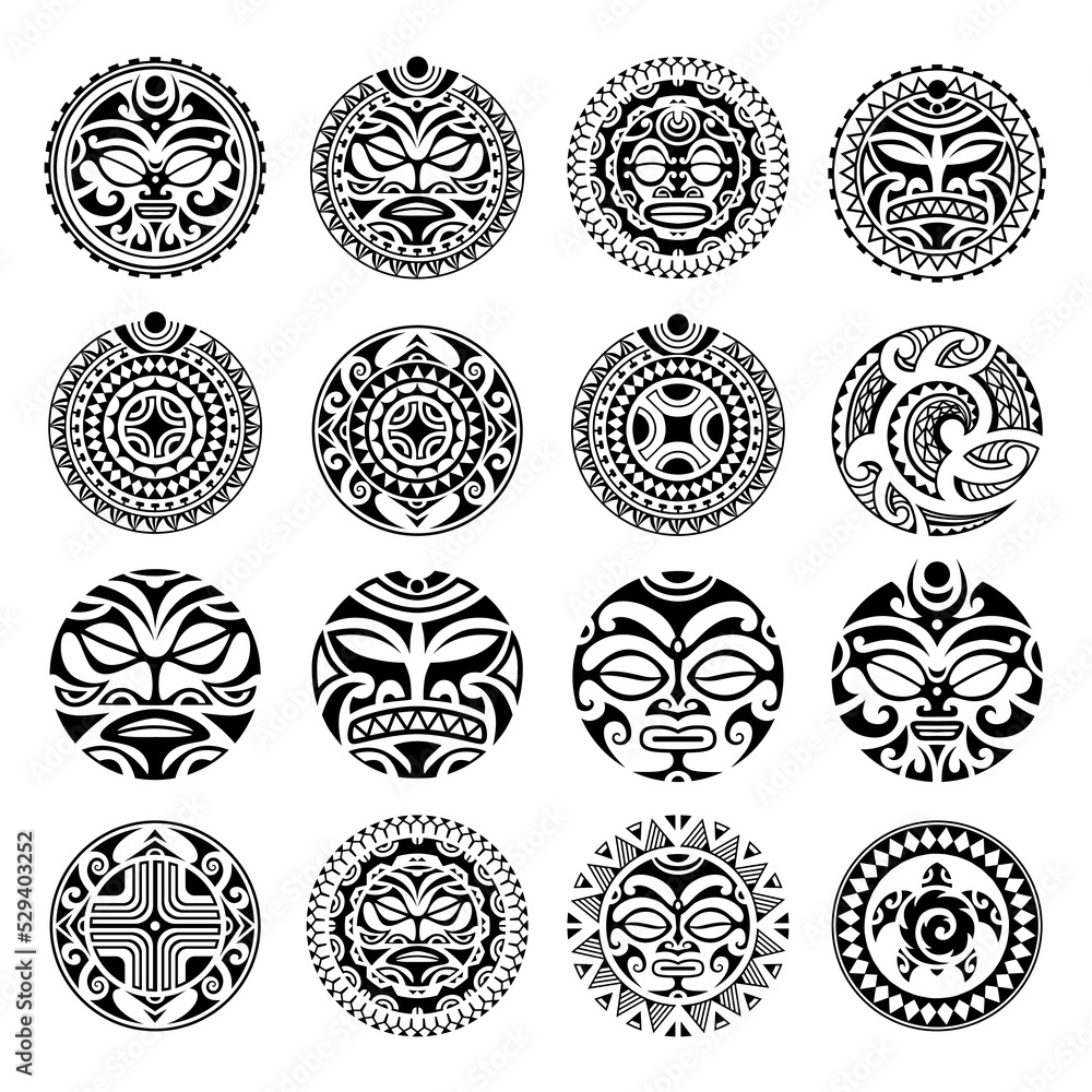 Set of round Maori tattoo ornament with sun symbols face and swastika ...