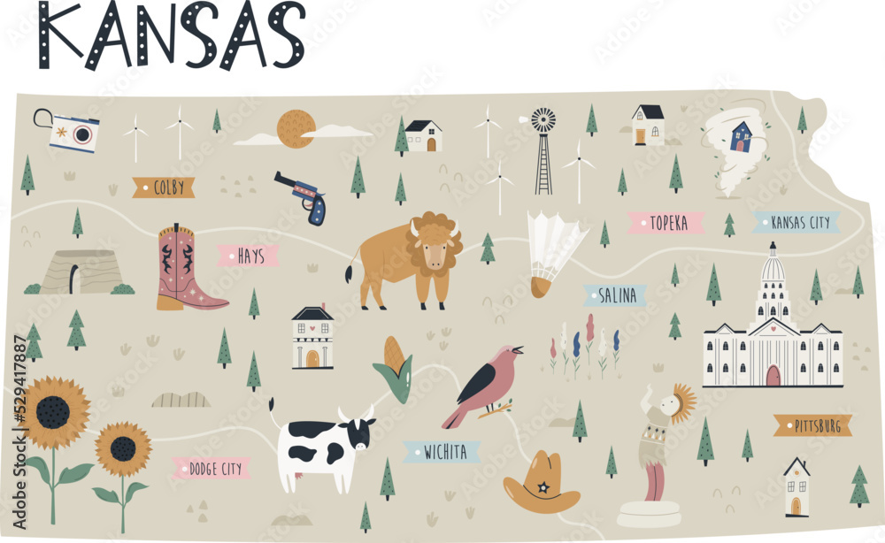 Kansas map state with landmarks and symbols. Stock Vector | Adobe Stock