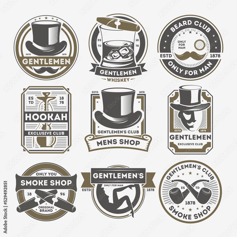 Gentleman vintage label set isolated vector illustration. Smoke shop ...