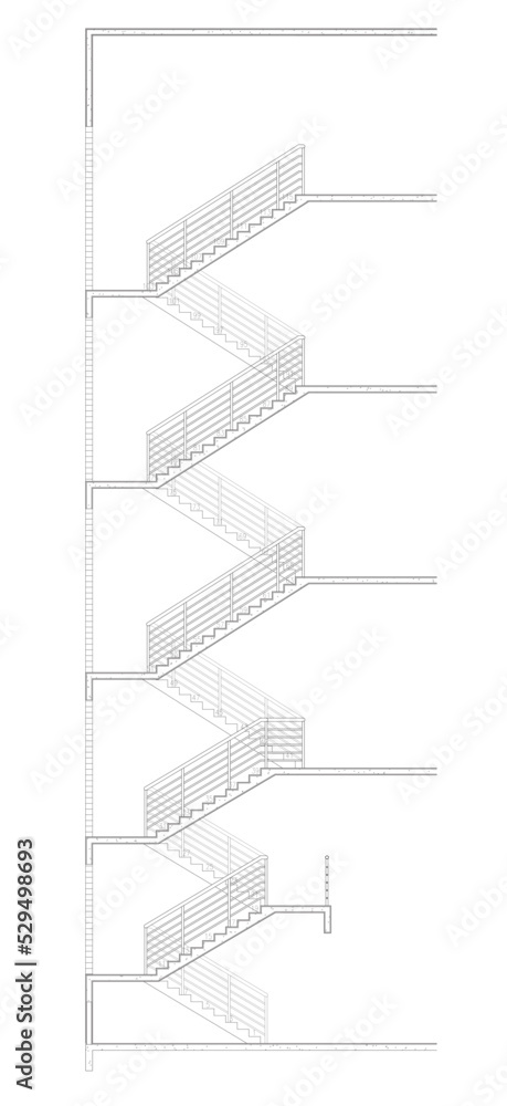 2D CAD architectural drawing section of the stairs that connect the 4 ...