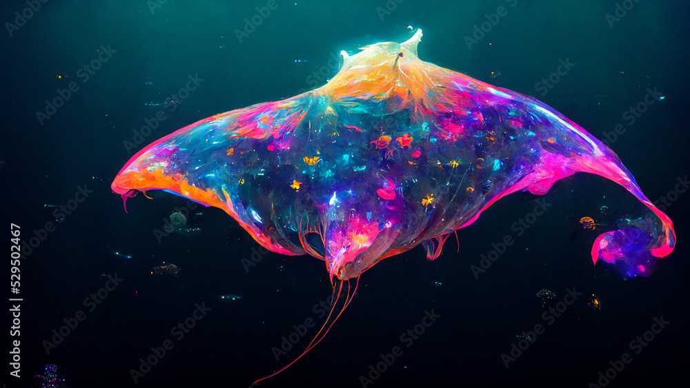 giant manta ray on the dark and colorful sea Stock Illustration | Adobe ...
