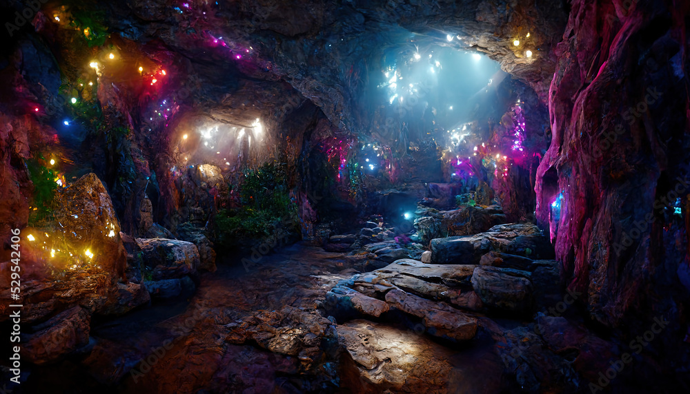 A Gem Mine Cave Underground. Molten Lava Cave. Deep Cavern. Big Stalactite. Concept Art Scenery ...