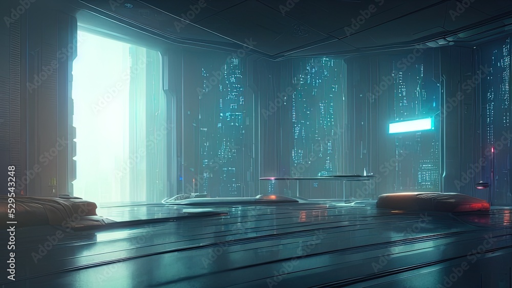 Futuristic high-tech night room, office in cyberpunk dystopian New York ...