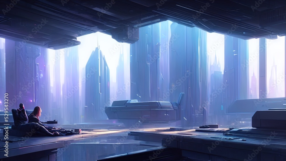 Futuristic high-tech night room, office in cyberpunk dystopian New York ...