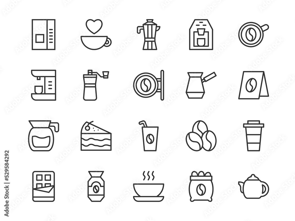Coffee cup icons. Cafe food and drink. Tea cardboard mug. Bean shop ...