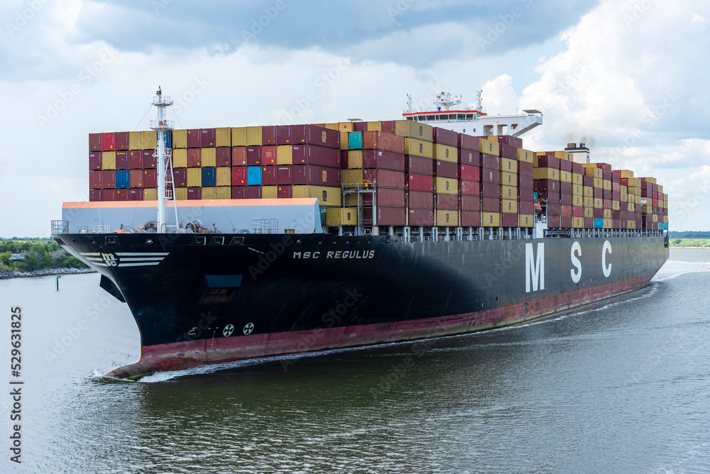Container ship "MSC REGULUS" on her way out of the port Savannah, she ...