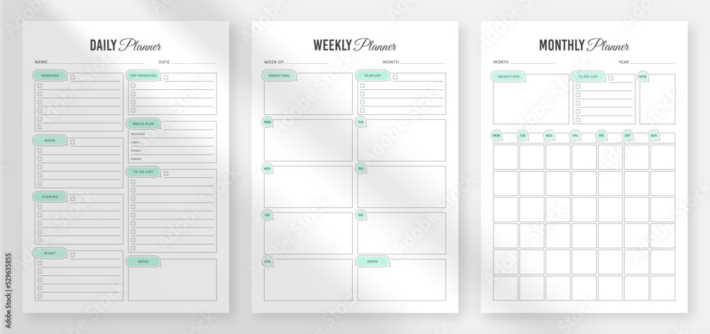 Daily, weekly, monthly planner template. 3 Set of minimalist planners ...