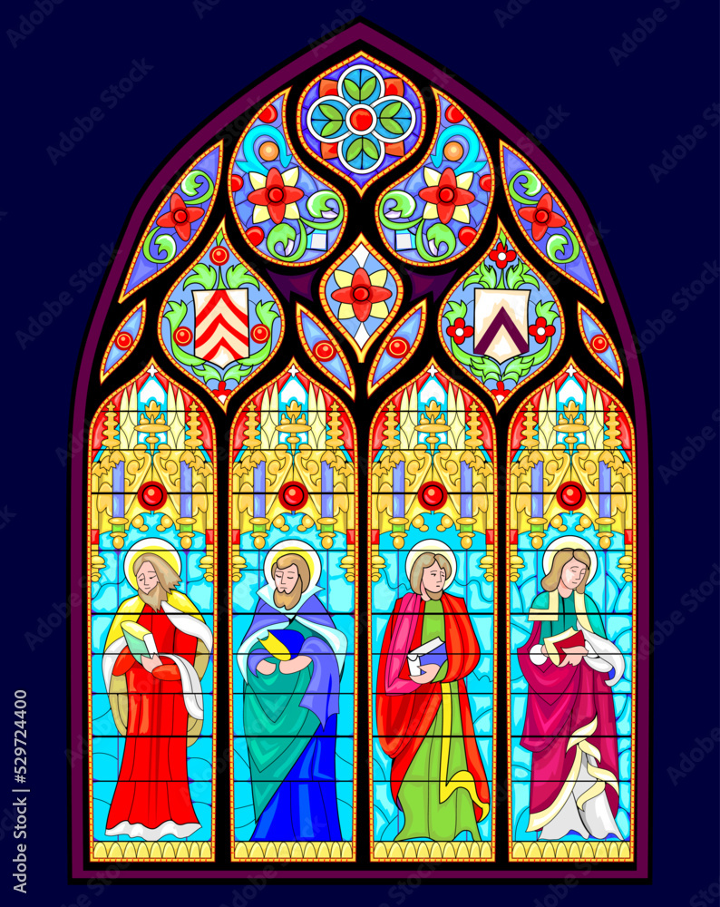 Beautiful colorful medieval stained glass window. Gothic architectural ...