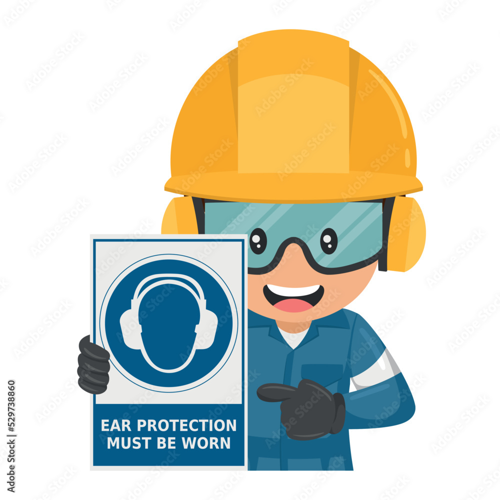 Industrial worker with mandatory use of earmuffs warning sign. Ear ...