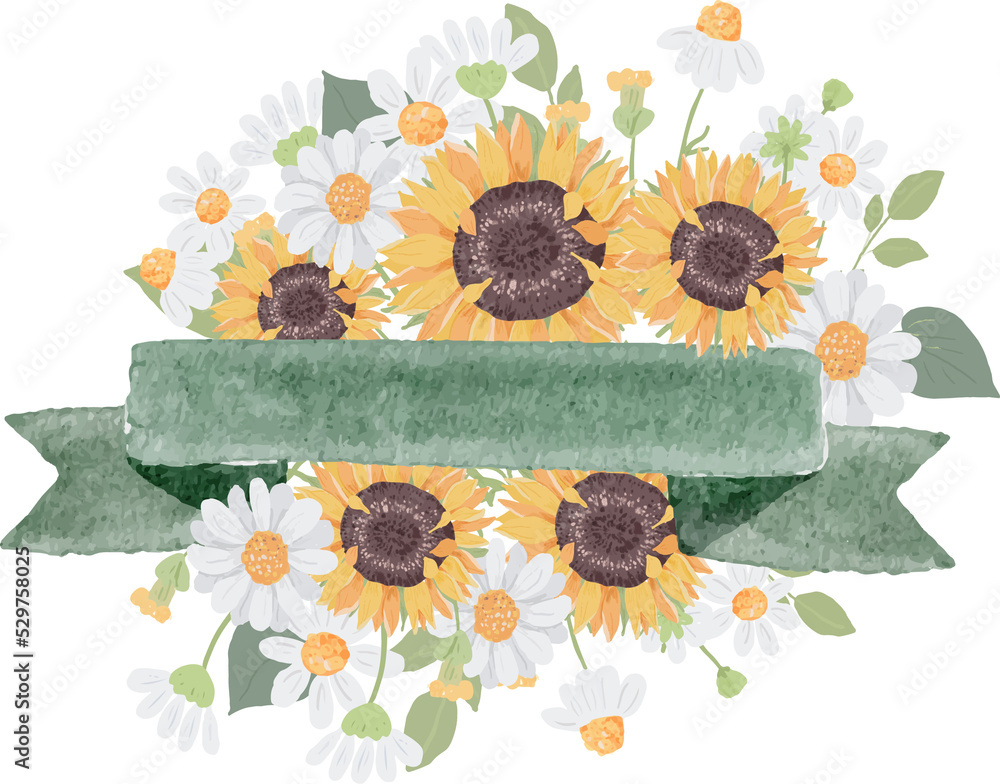 watercolor hand draw cute sunflower bouquet wreath with green ribbon ...