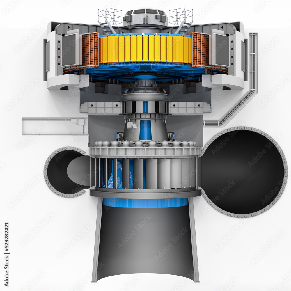 Hydro turbine on a white background with a generator rotor for a ...