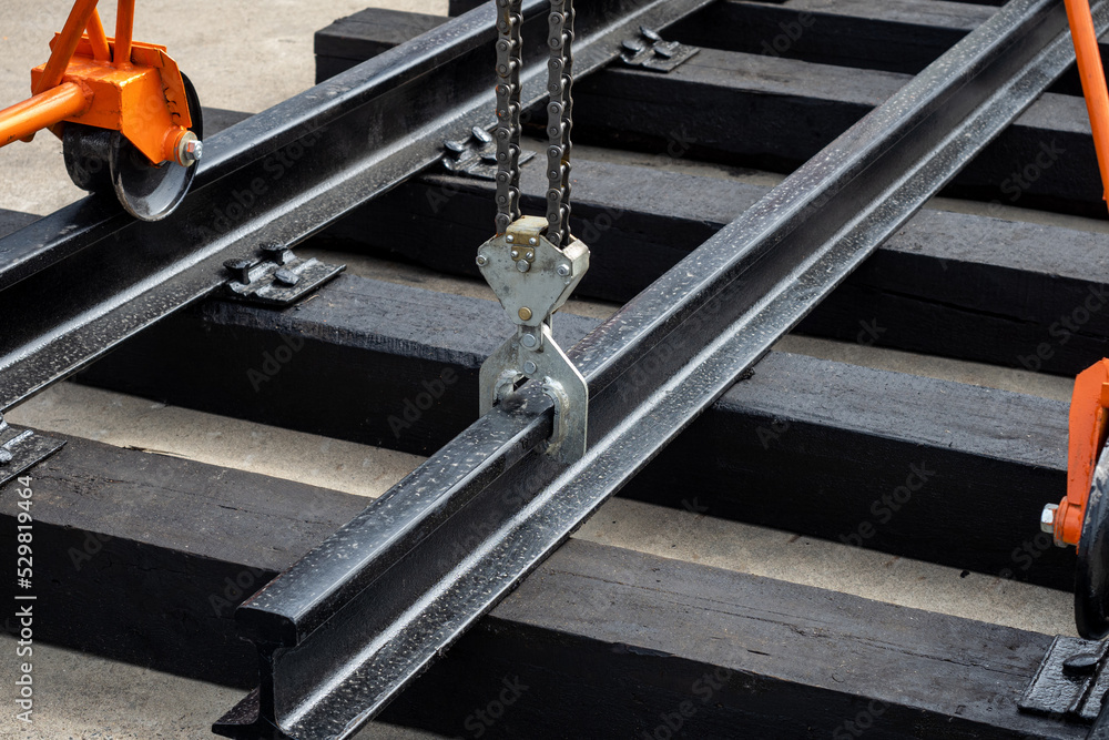 Fotografie Rail laying equipment. Equipment for creation of railway ...
