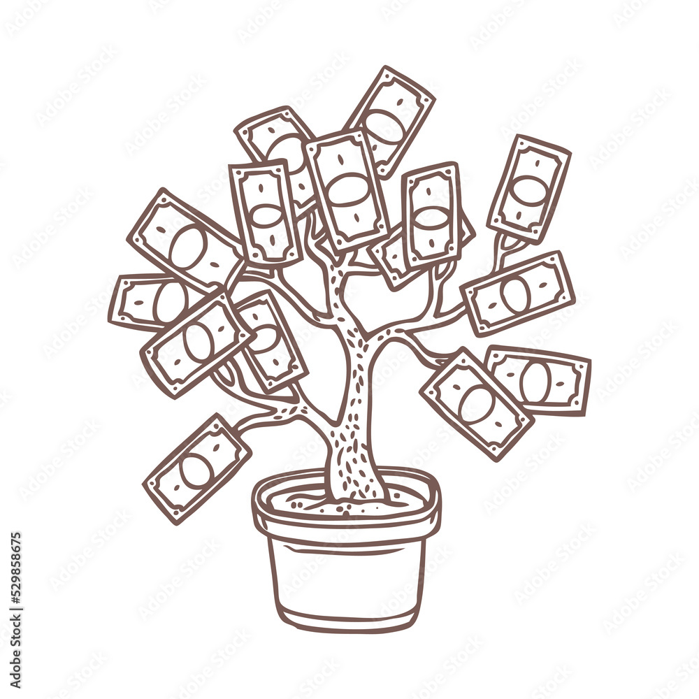 Money tree sketch vector illustration - doodle flower in pot with trunk ...