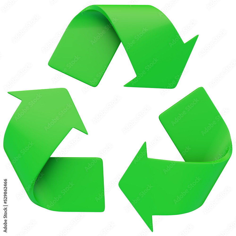 3d rendering of green recycling symbol, recycling arrows with ...