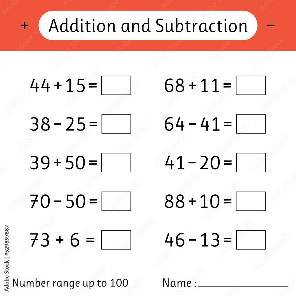 Addition and Subtraction. Number range up to 100. Math worksheet for ...