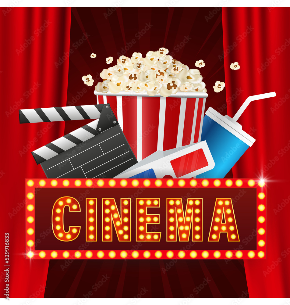 Retro realistic ad banner with cinema light on yellow background ...