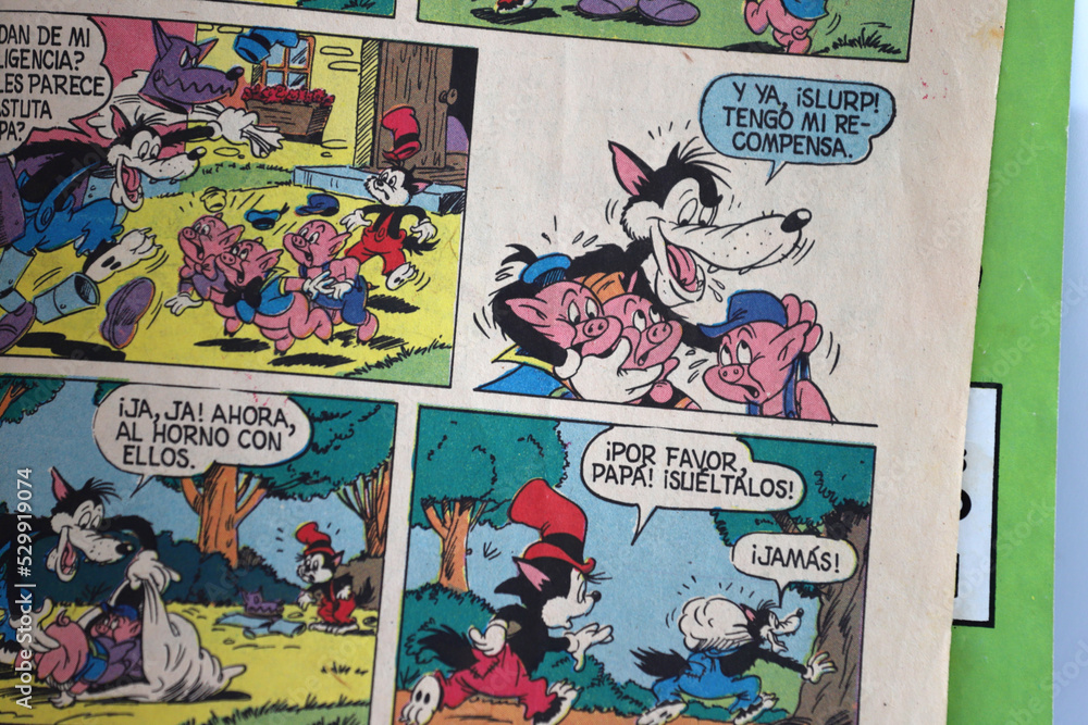 Cartoon of the big bad wolf, little wolf and the 3 little pigs version ...