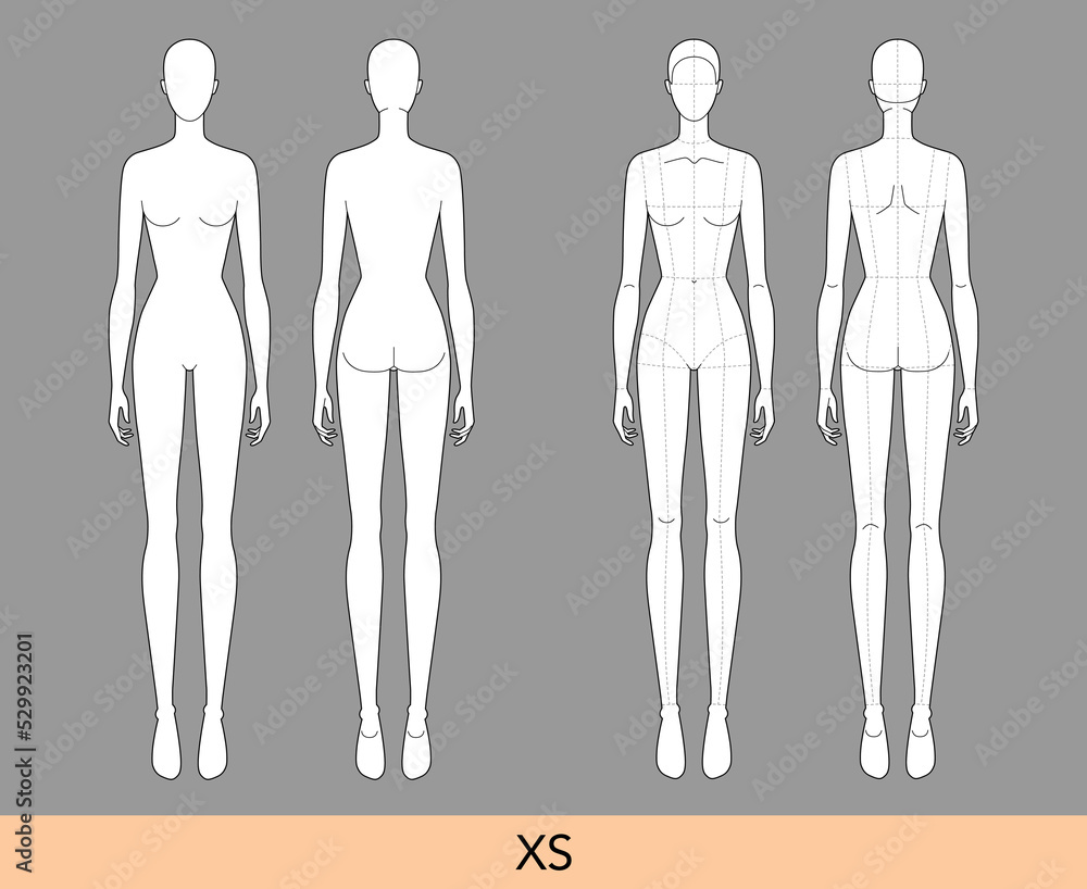 Set of XS size Women Fashion template 9 nine head Croquis Lady model ...