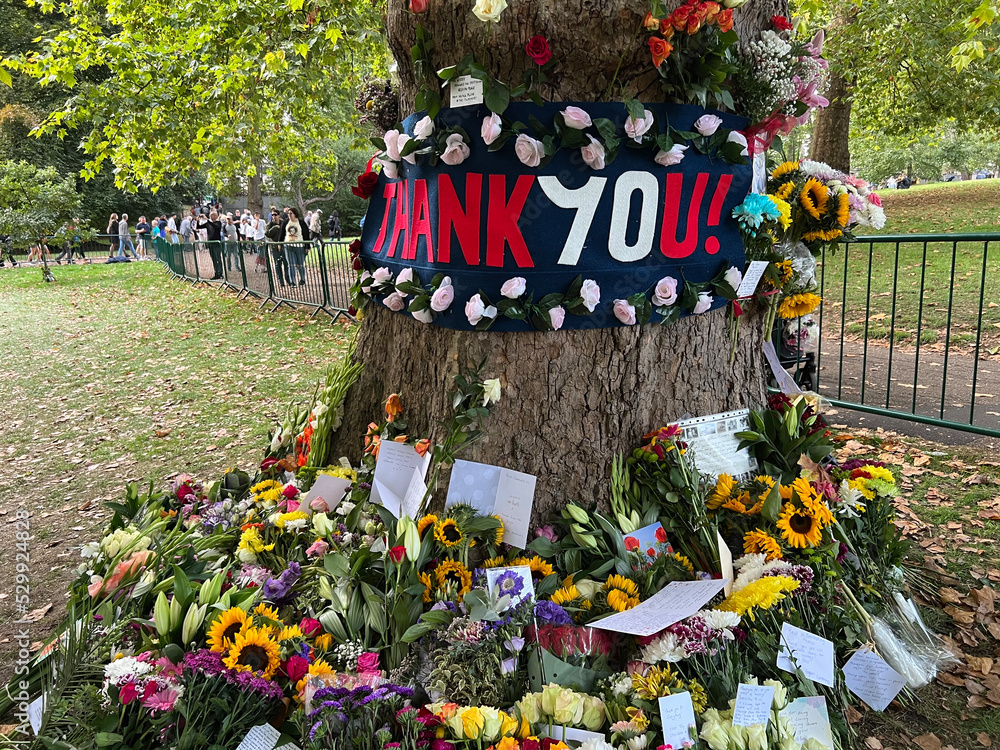A thank you sign involving a tree at the floral tribute for Queen ...
