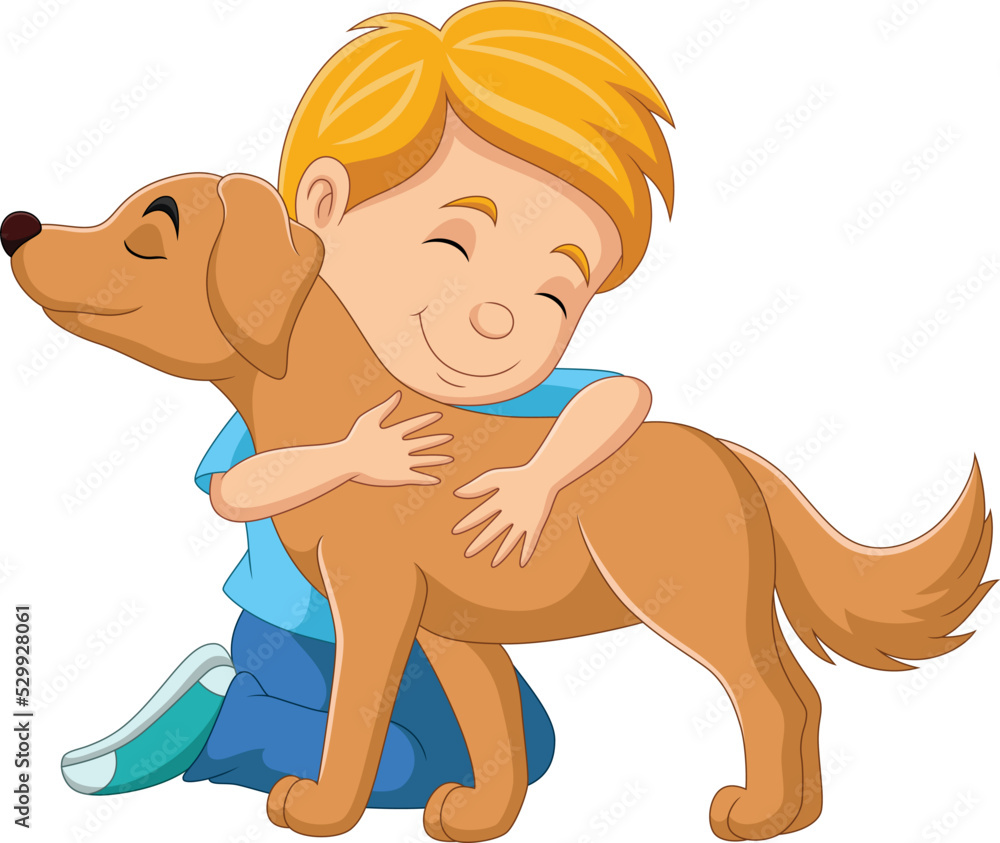 Cartoon boy hugging his dog Stock Vector | Adobe Stock