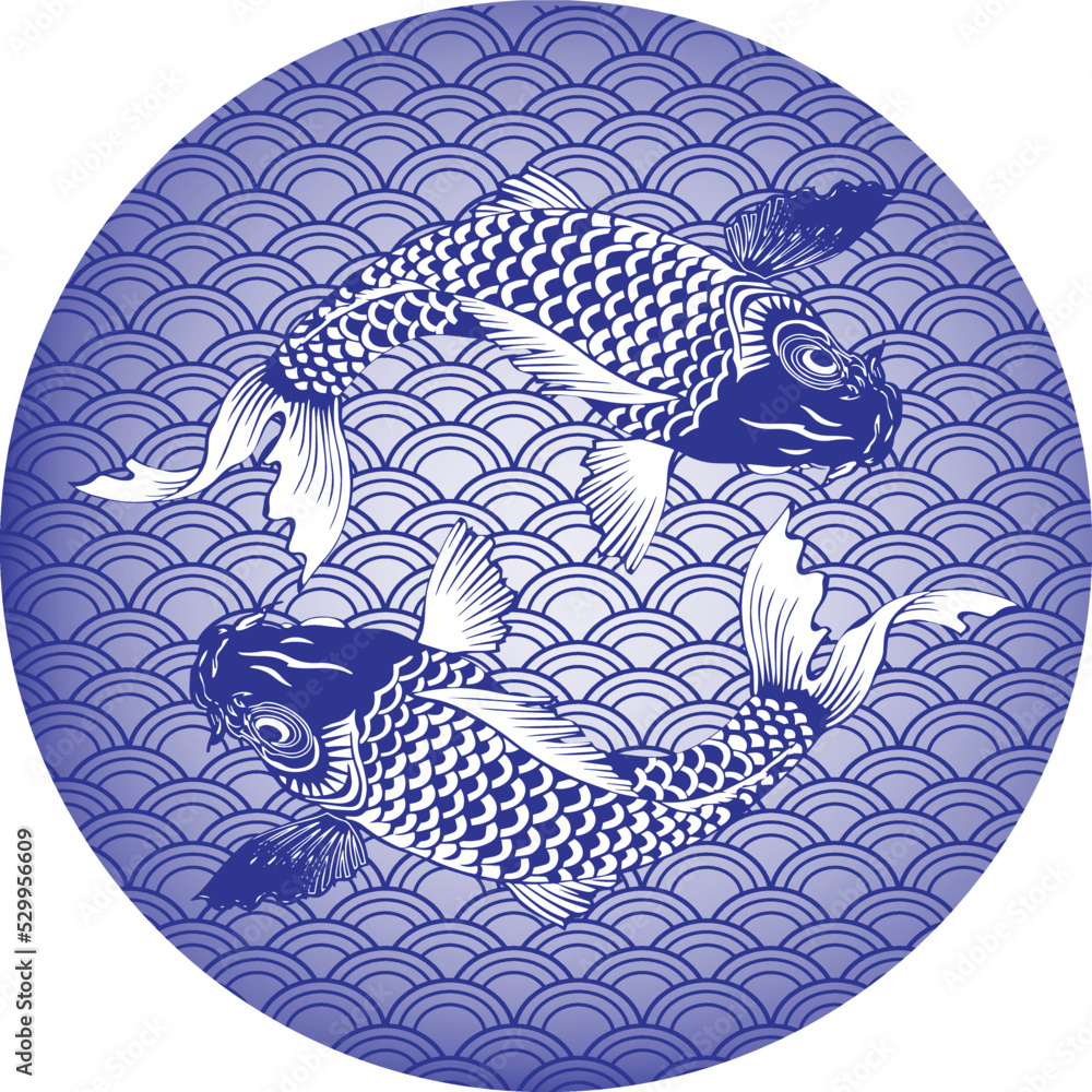 carp fish illustrator pattern on water wave graphic in Japan oriental ...