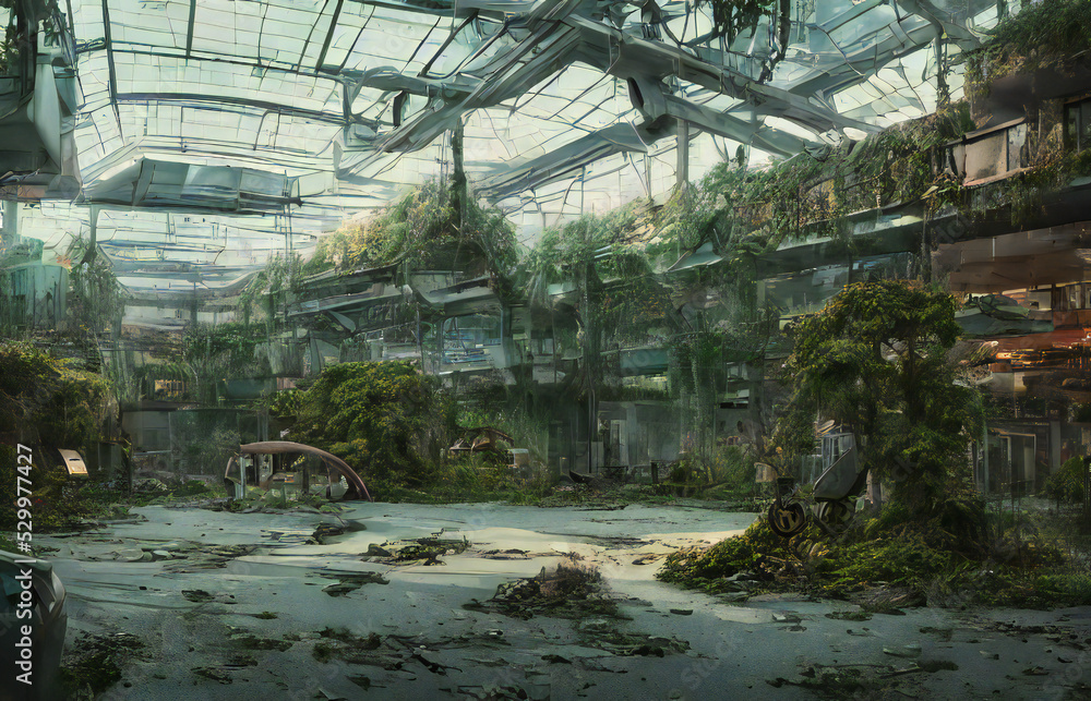 post-apocalyptic shopping mall, dystopic overgrown ruin, digital ...