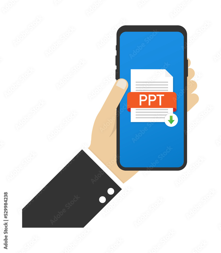 Download PPT button on smartphone screen. Downloading document concept ...