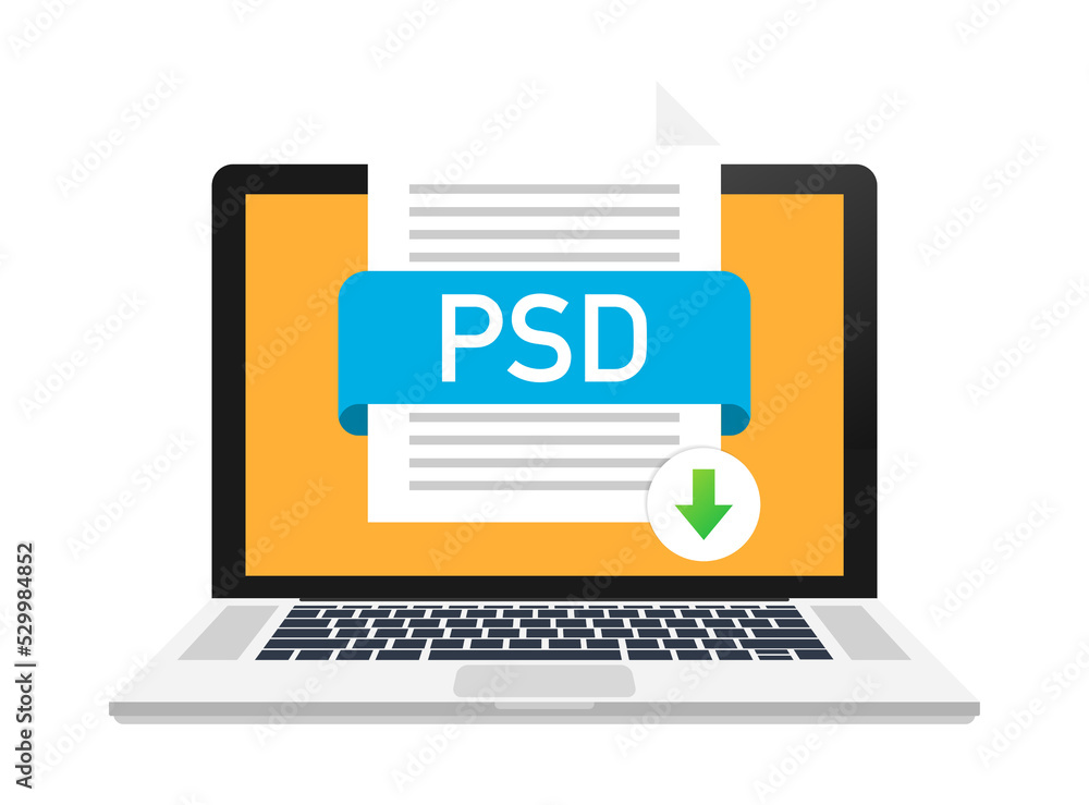 Download PSD button on laptop screen. Downloading document concept ...