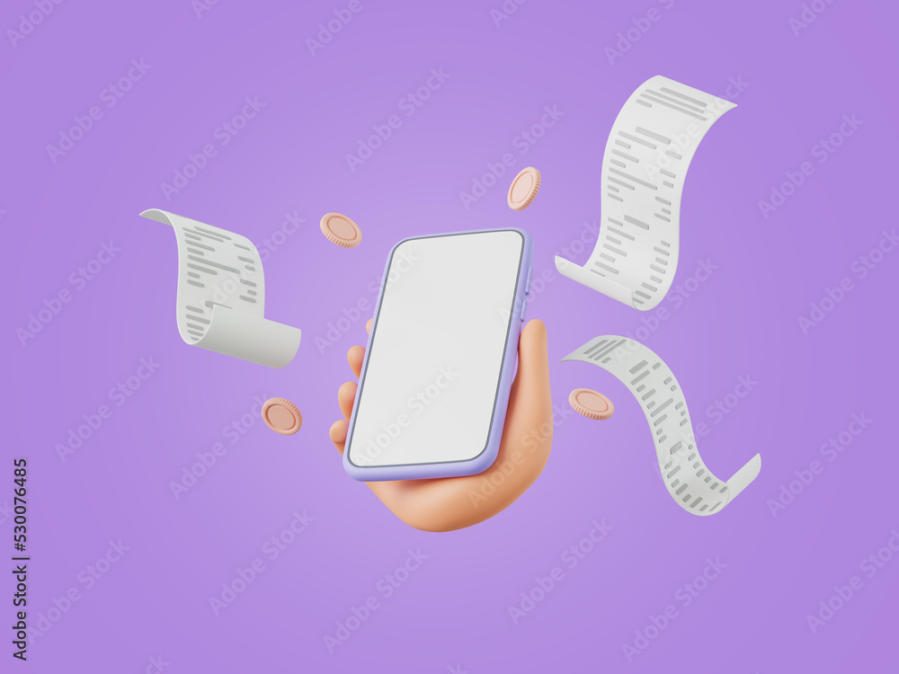 3D cartoon hand holding smartphone with bill payment, business finance ...