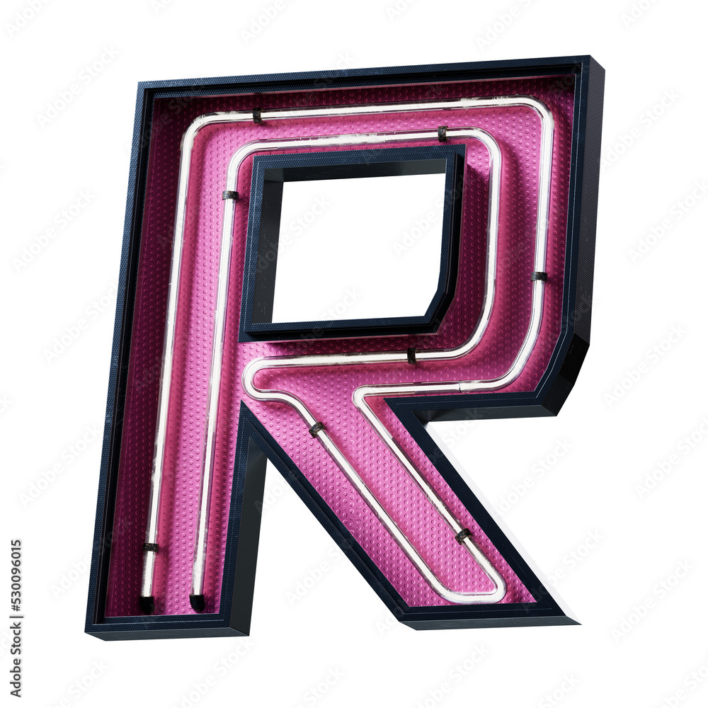 3D illustration of White Neon light alphabet character Capital letter R ...