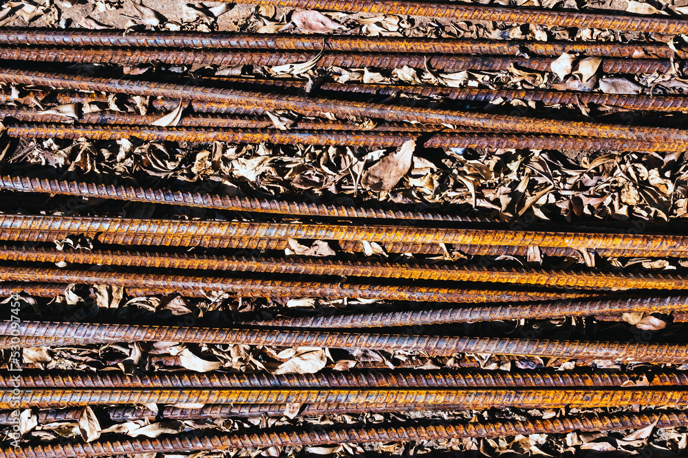 Stock-Foto „Top view old rusted iron bars and dry leaves on floor ...