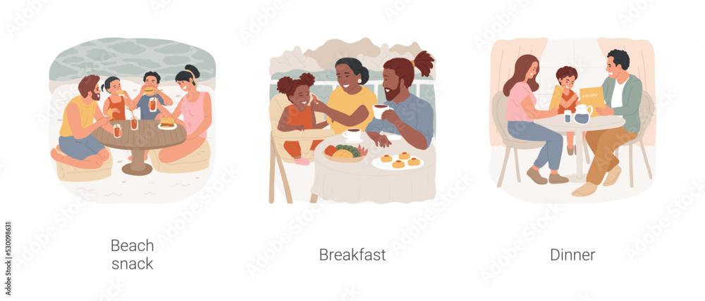 Holiday resort meal isolated cartoon vector illustration set. People ...
