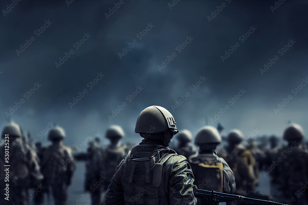 Soldiers walking on the battlefield. Illustration of the army on the ...