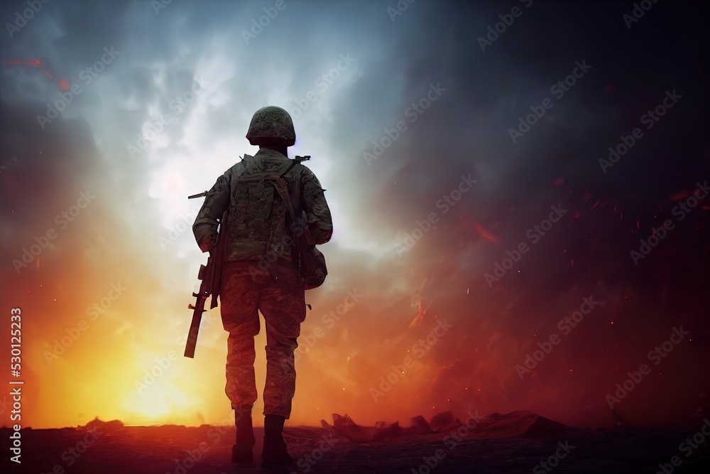 Lone soldier walking on the battlefield. Illustration of a a military ...