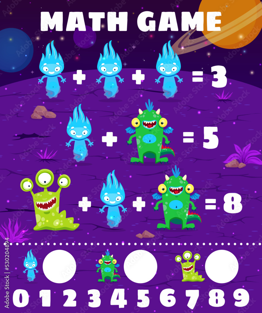 Vector de Stock Math game worksheet. Cartoon space alien monster ...