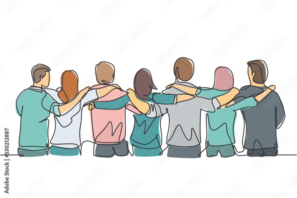 Single continuous line drawing about group of men and woman from multi ...