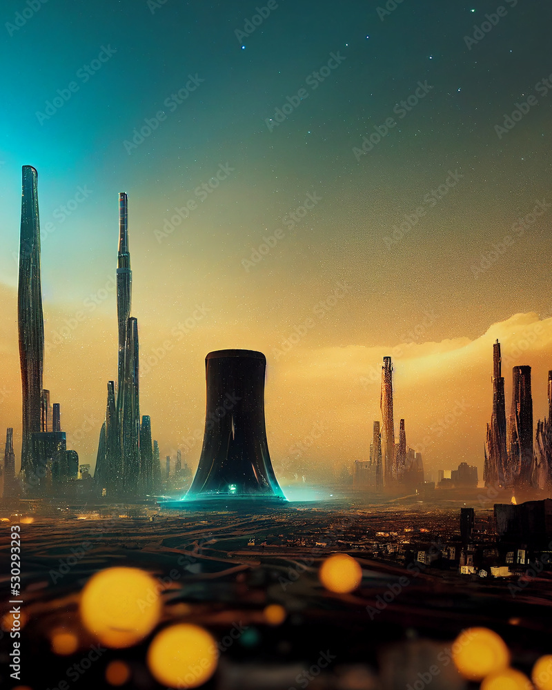 Futuristic Nuclear Power Plant Sci-Fi 3D Art Illustration. World of the ...