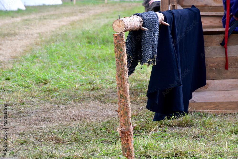 A close up on some parts of medieval knight armor including a chainmail ...