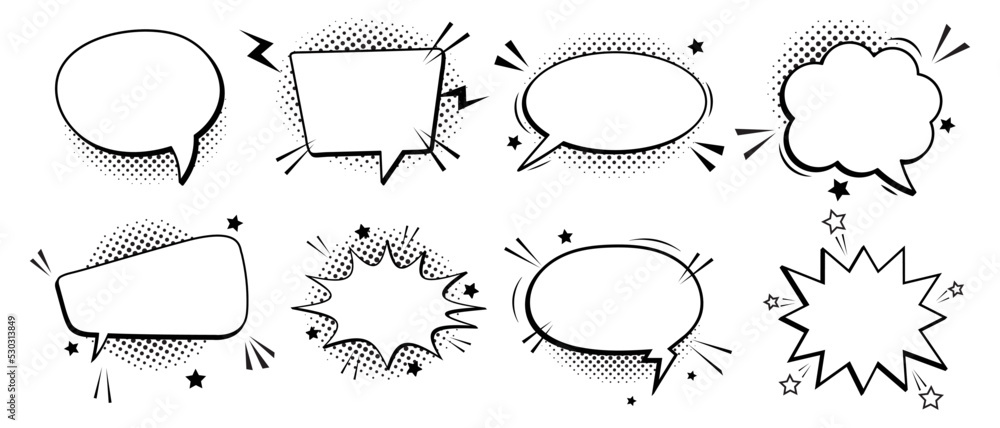 Retro comic speech bubbles with black halftone shadows. Vintage design ...