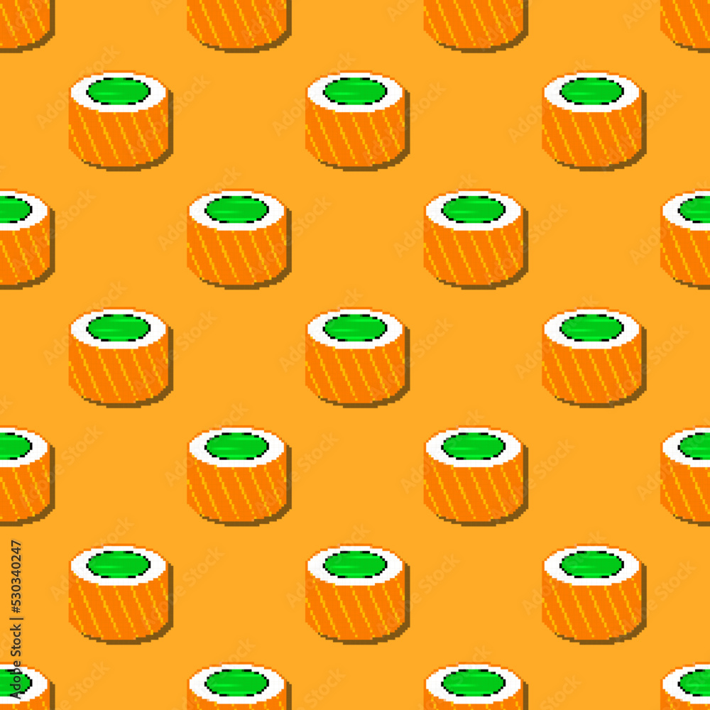Pixel sushi seamless pattern. 8-bit sushi roll with salmon. Pixel art ...