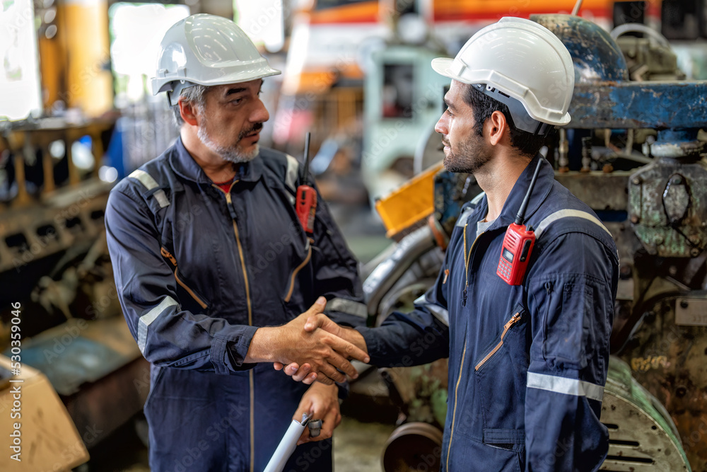 In heavy industry maintenance manager meet engineer checking and ...