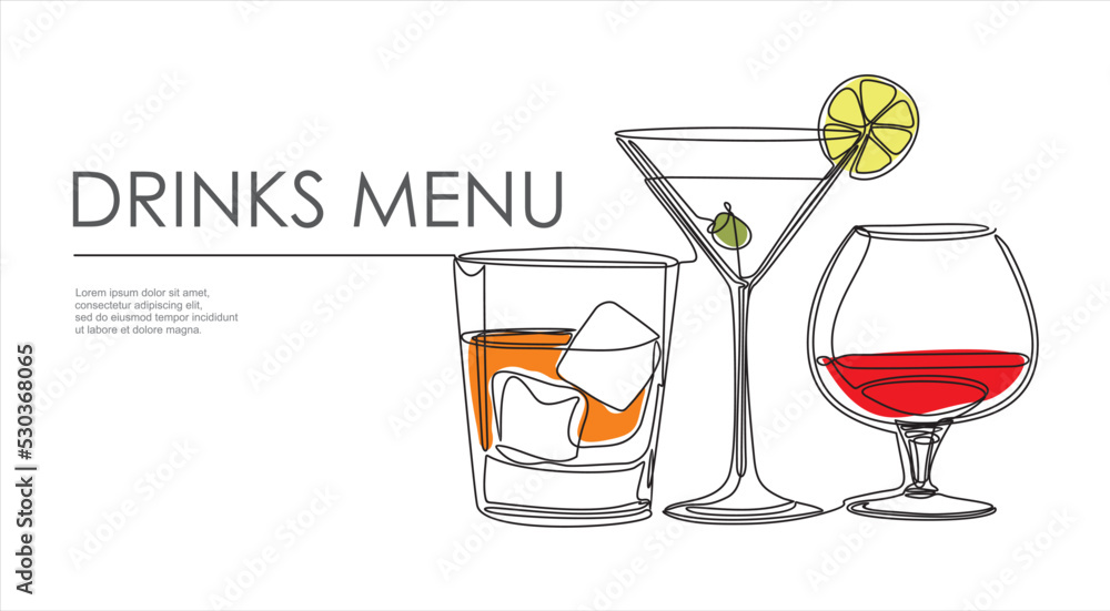 Drinks menu. Continuous one line drawing of glasses with cocktails ...