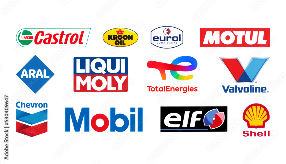Logos Set of popular oil companies, such as: Castrol, Motul, Shell ...