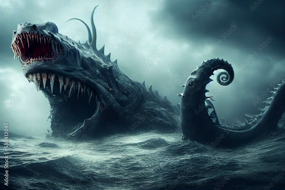 Giant sea monster, terrifying squid alien paintning Stock Illustration ...