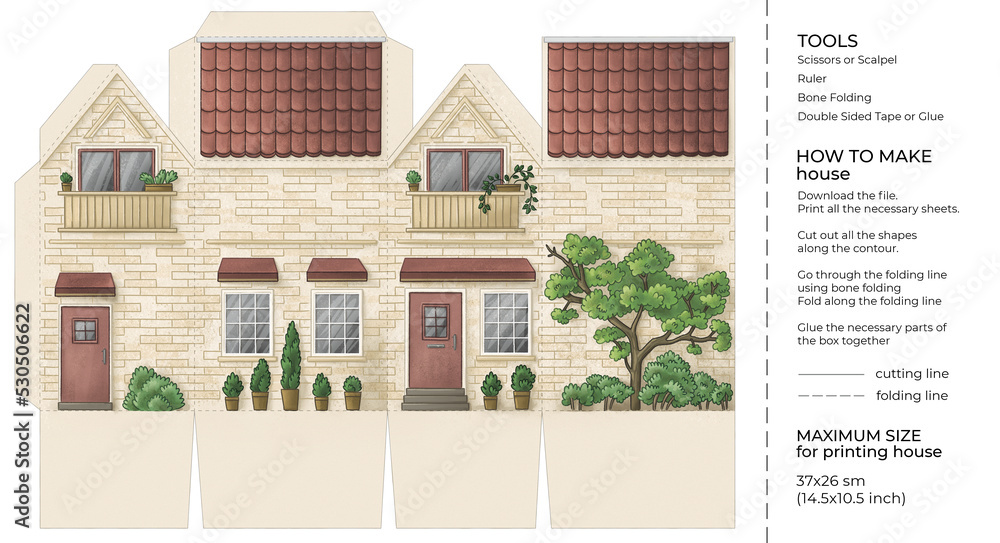 Kids craft paper house. Cut and glue cartoon 3D toy doll house ...