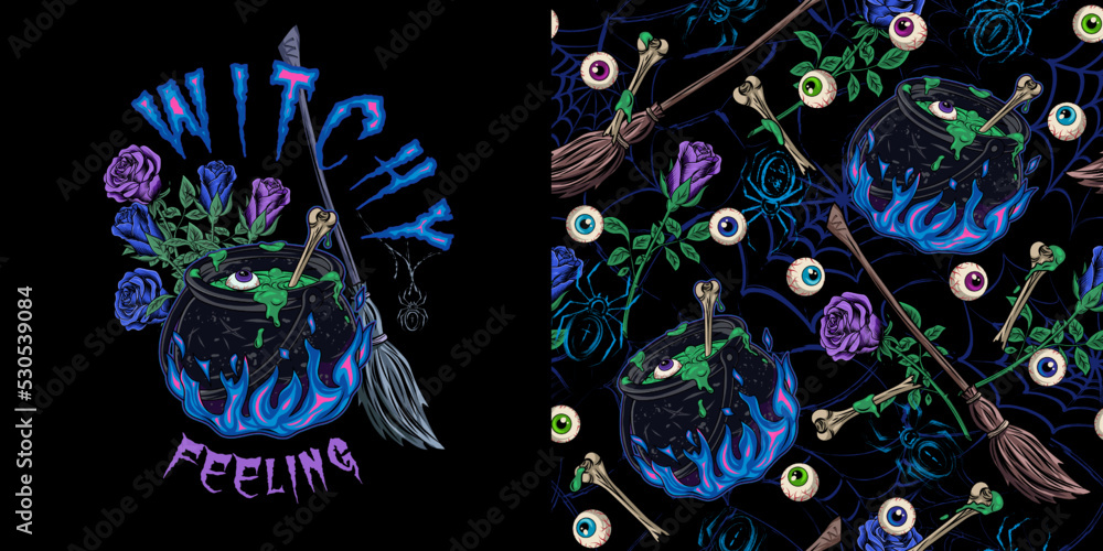 Image vectorielle Stock Set of halloween pattern and logo with witch ...