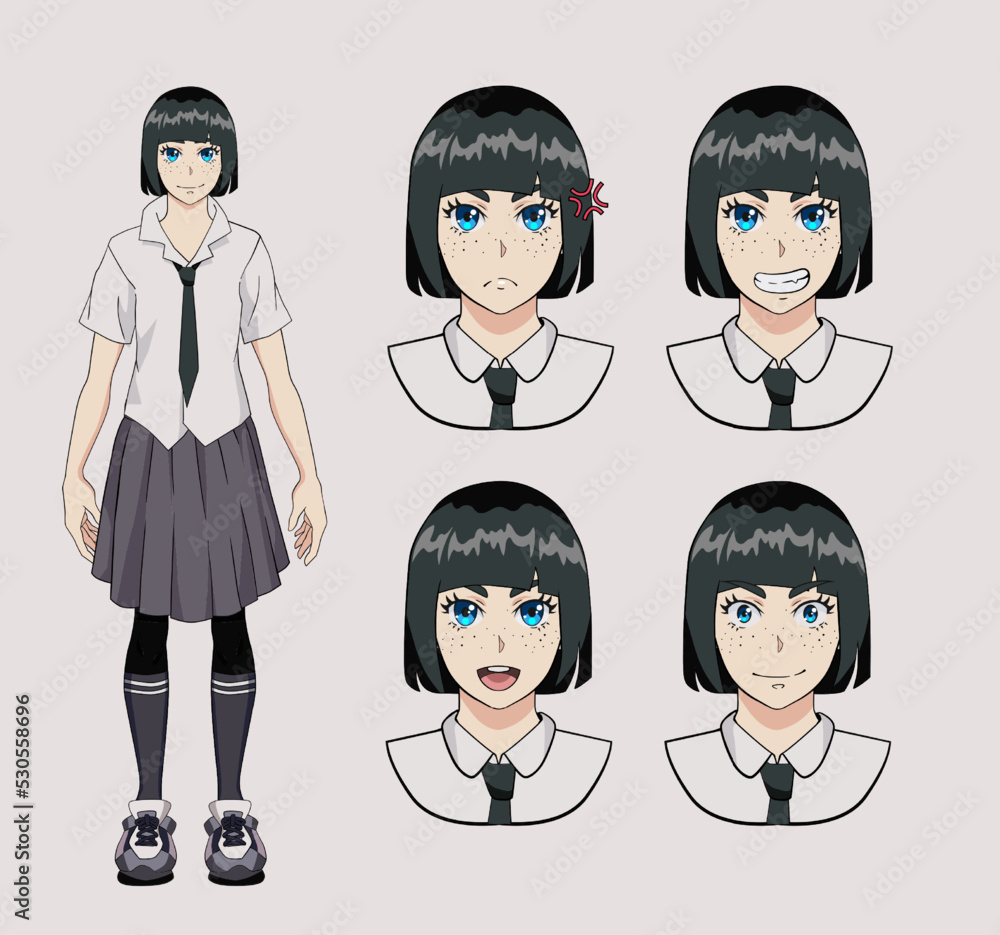 Design of a female Anime Sprites with the bob cut hairstyle showing ...